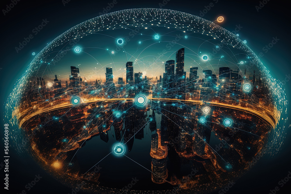 Concept of a network connection with a wifi symbol, Smart cities and ...