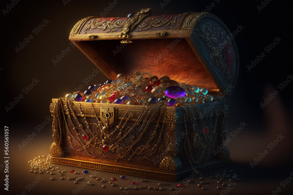 Vintage Pirate Treasure Chest full of gold, jewellery gems, loot in a ...