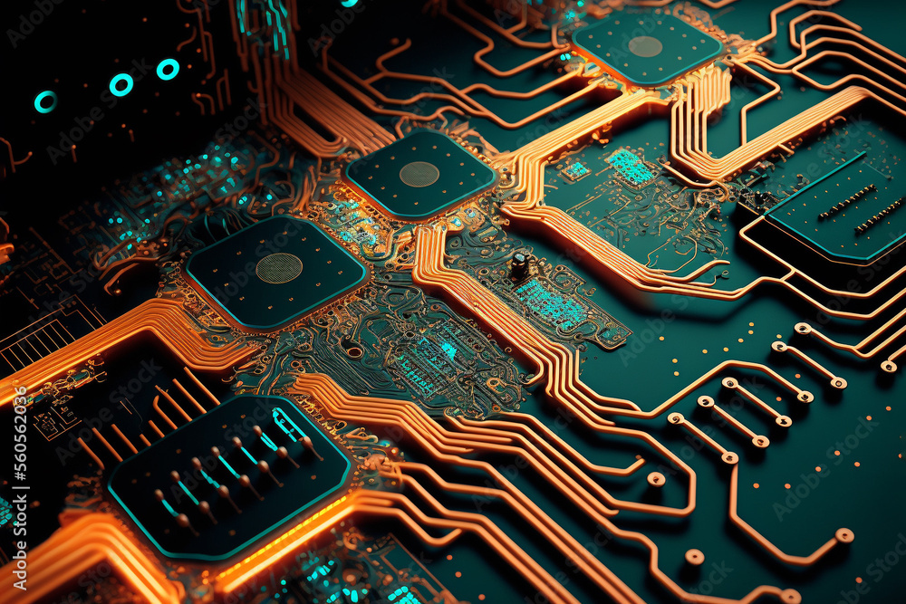 Generative AI illustration of glowing computer circuits and copper ...