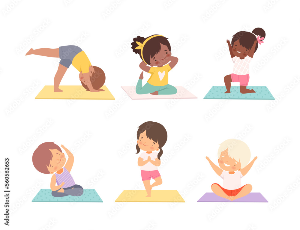 Cute kids doing yoga set. Little children practicing different poses ...