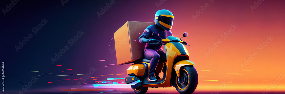 delivery motorbike or scooter driver with courier box on back, wide ...