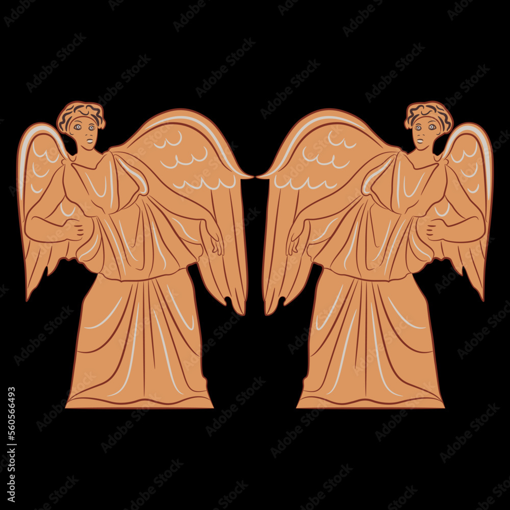 Symmetrical design with two standing ancient Greek angels or winged ...