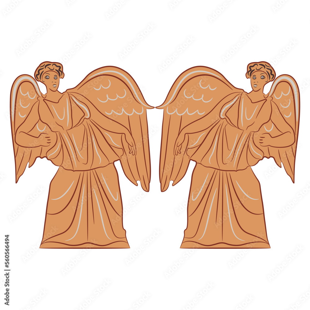 Symmetrical design with two standing ancient Greek angels or winged ...
