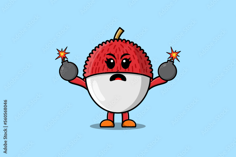Cute cartoon Lychee holding bomb with scared expression in flat modern ...