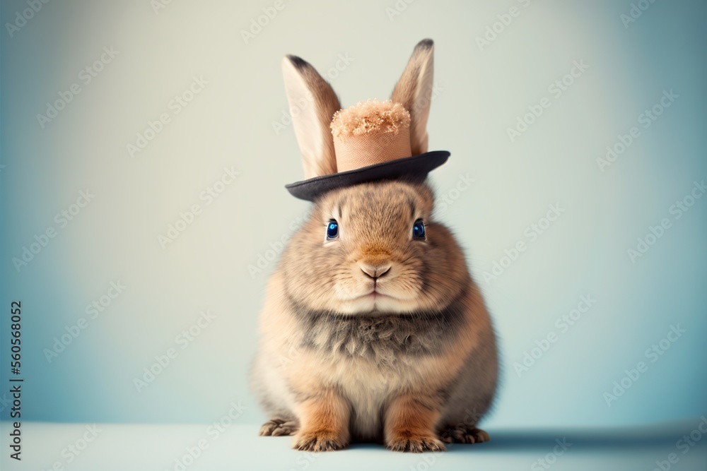 A cute rabbit wears a fancy hat in a studio background. Created with ...