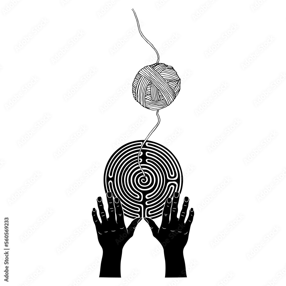 Two human hands holding a round spiral maze or labyrinth symbol and a ...