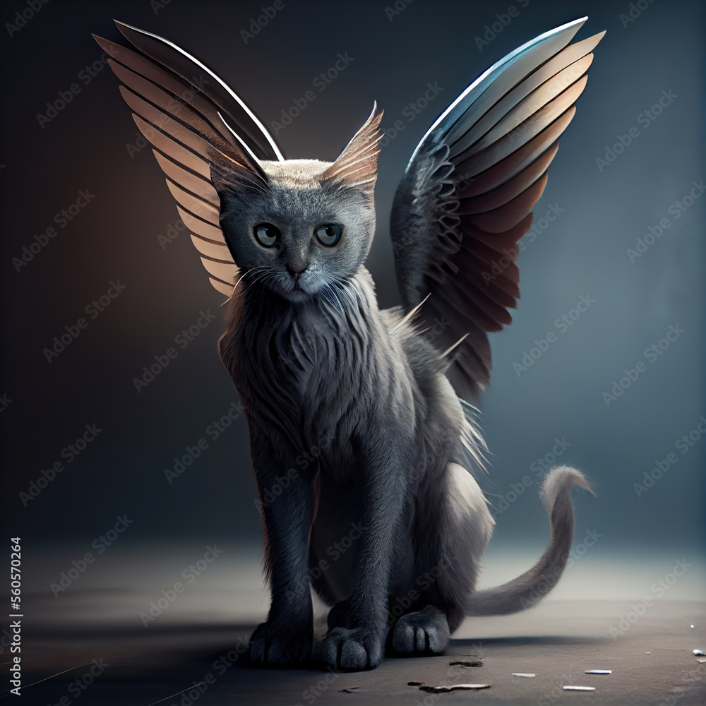 Generative AI: rgray fantasy cat with feathery wings Stock Illustration ...
