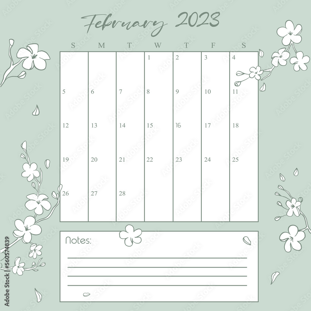 2023 February calendar for Digital Bullet journal vector illustration ...