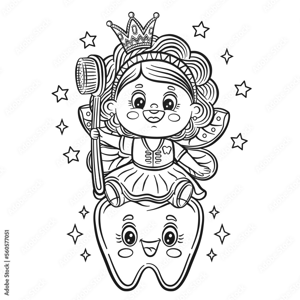 Cute tooth fairy princess elf with toothbrush line icon. Children ...