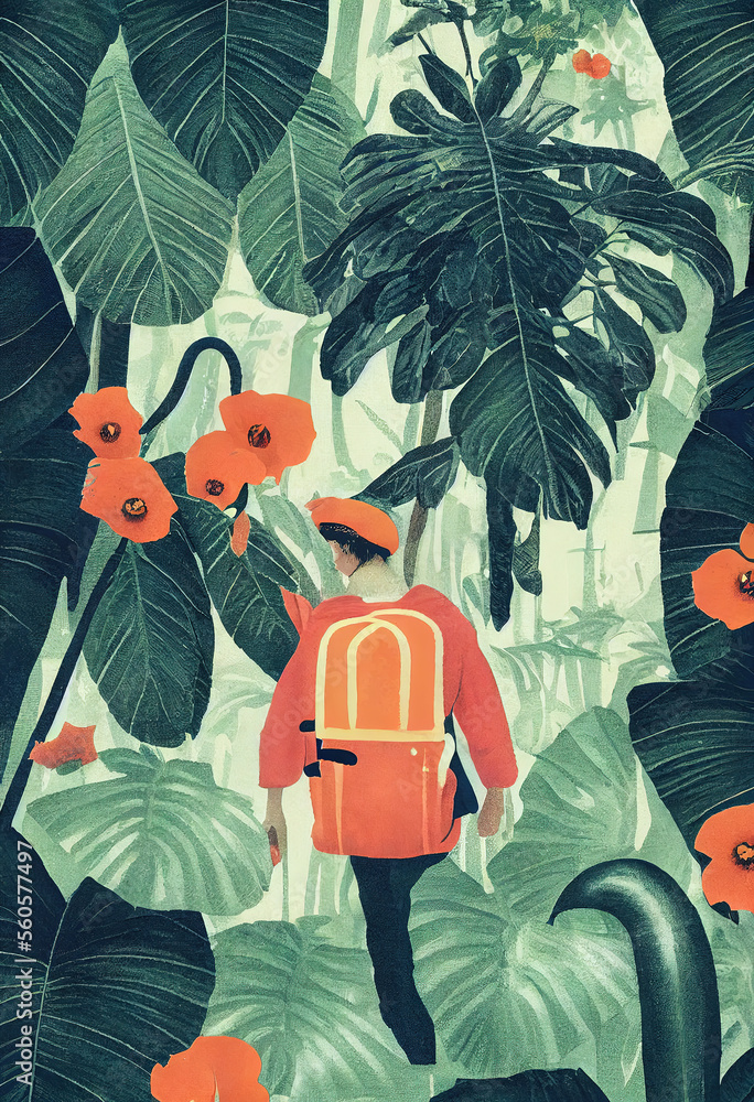 Retro Risoprint poster of a jungle explorer, wandering through vibrant ...