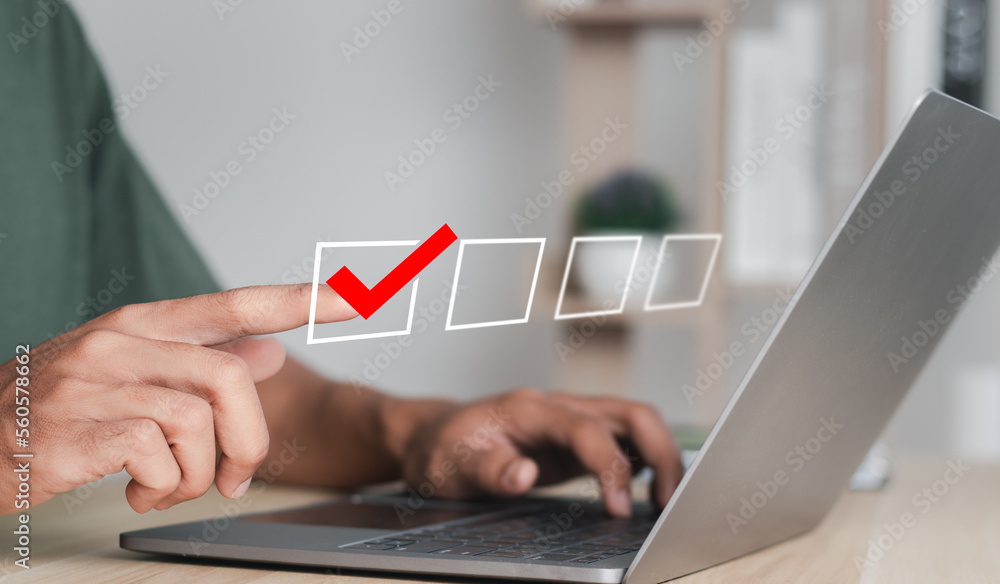 Checklist concept. Businessman checking mark on checkboxes, copy space ...
