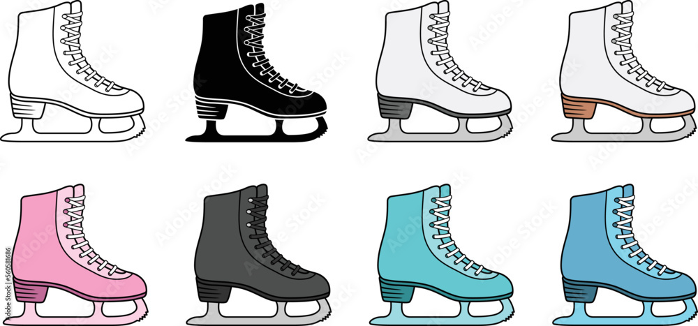 Figure Skate Clipart Set - Outline, Silhouette & Color Stock Vector ...