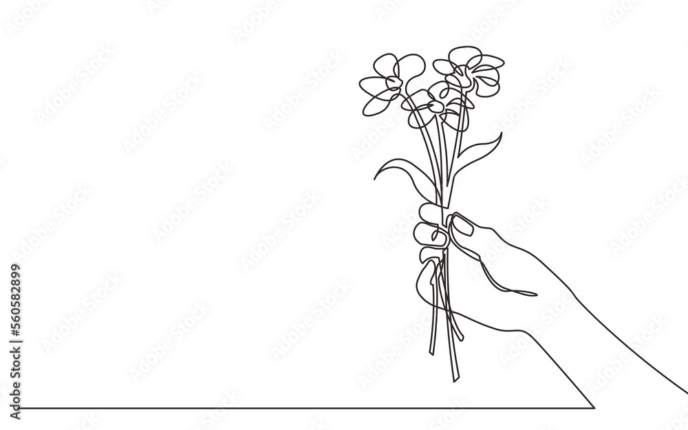 continuous line drawing hand holding flower bouqet - PNG image with ...