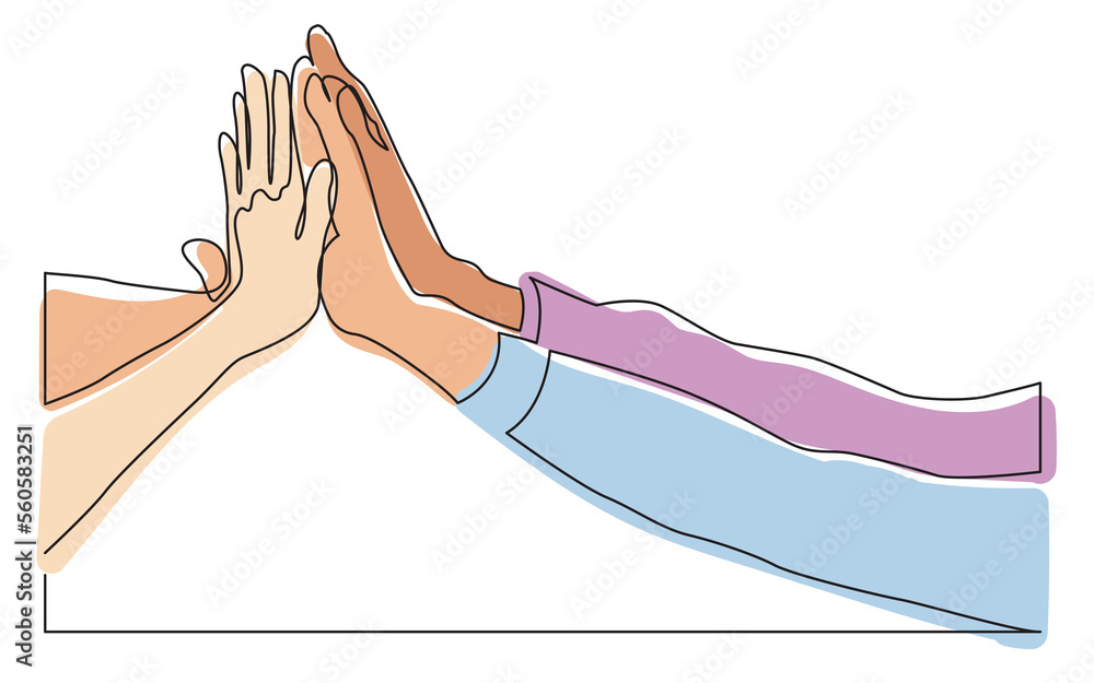 continuous line drawing people team hands giving high five in color ...