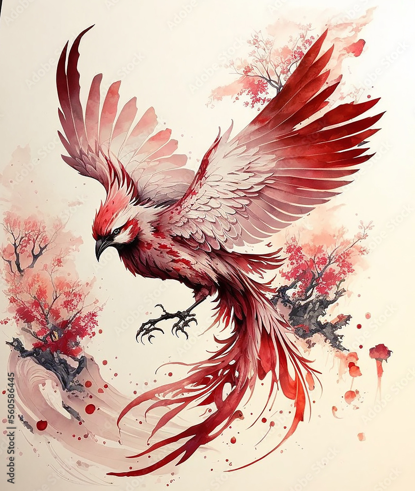 japanese art style of white and red bird flying Stock Illustration ...