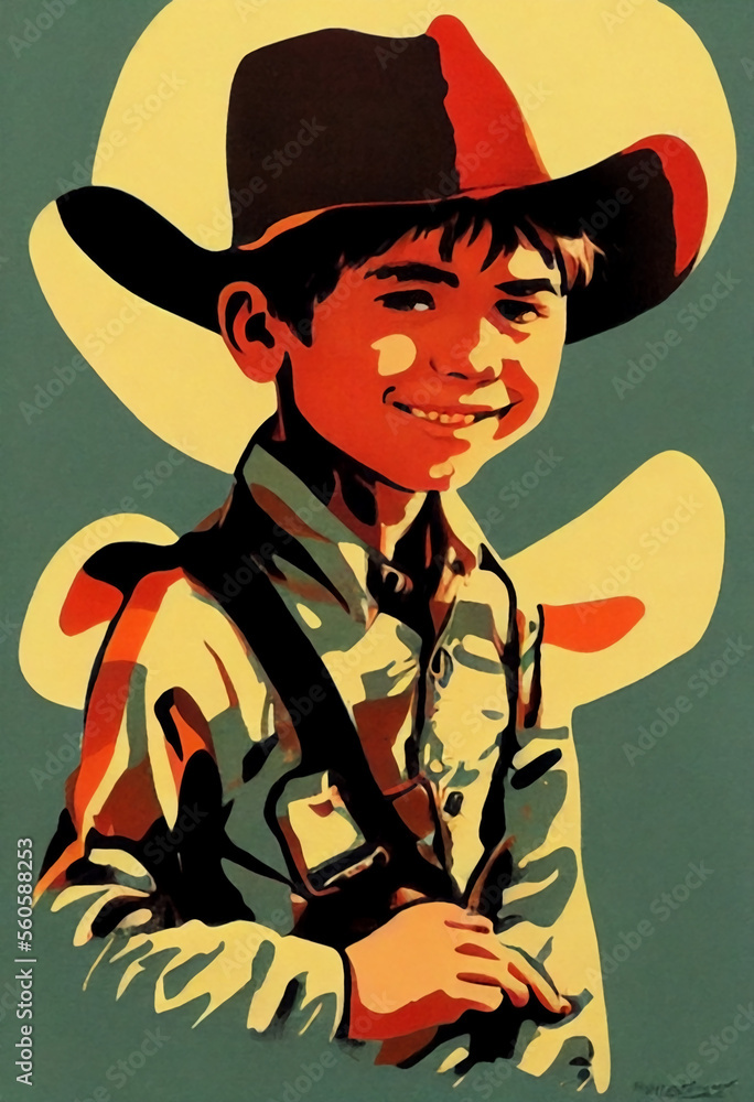 Cute Cowboy young man, watercolor illustration of a cowboy, ten year ...