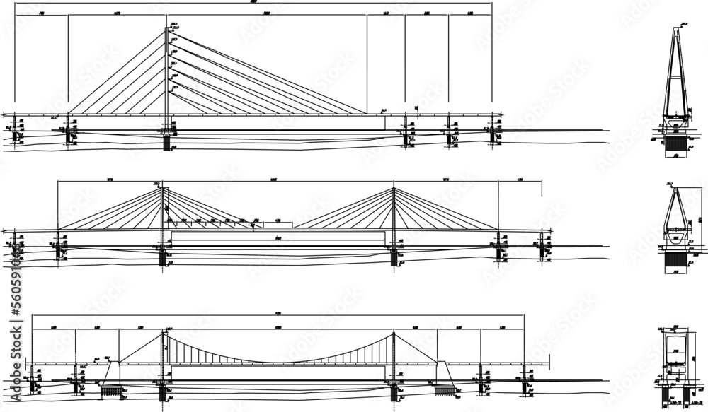 sketch vector illustration of cable bridge structure with sizes Stock ...