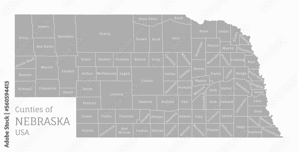 Highly detailed gray map of Nebraska, US state. Editable administrative ...