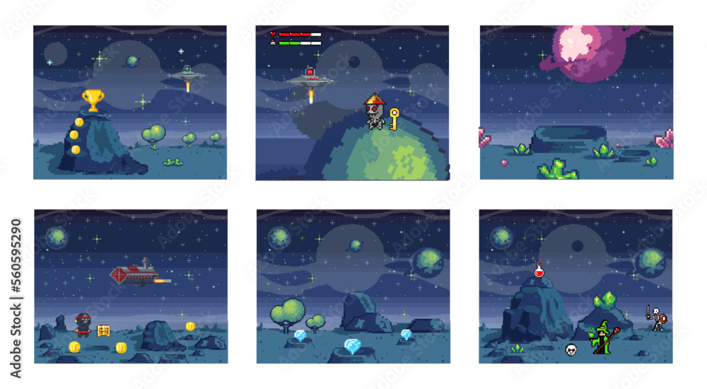 Retro computer games level. Pixel art video game scene 8 bit warrior ...