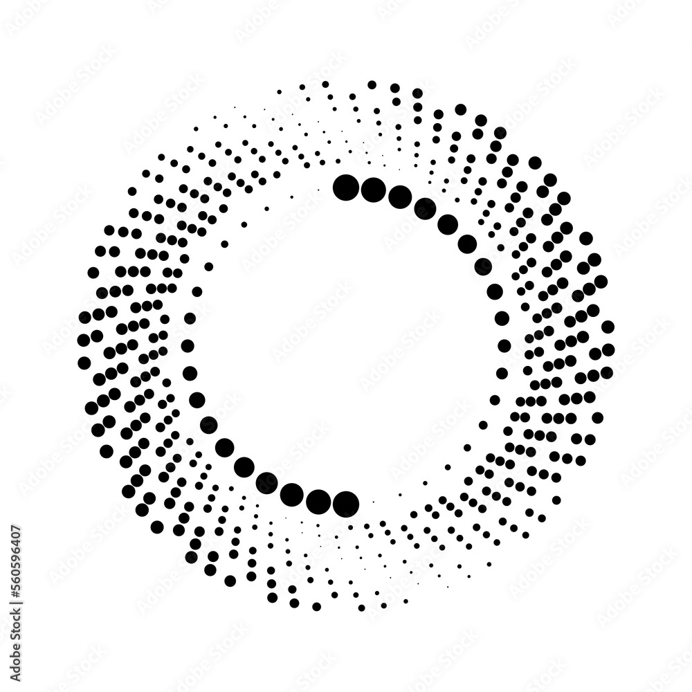 Black halftone dots in circle form. Concentric rotating circles ...