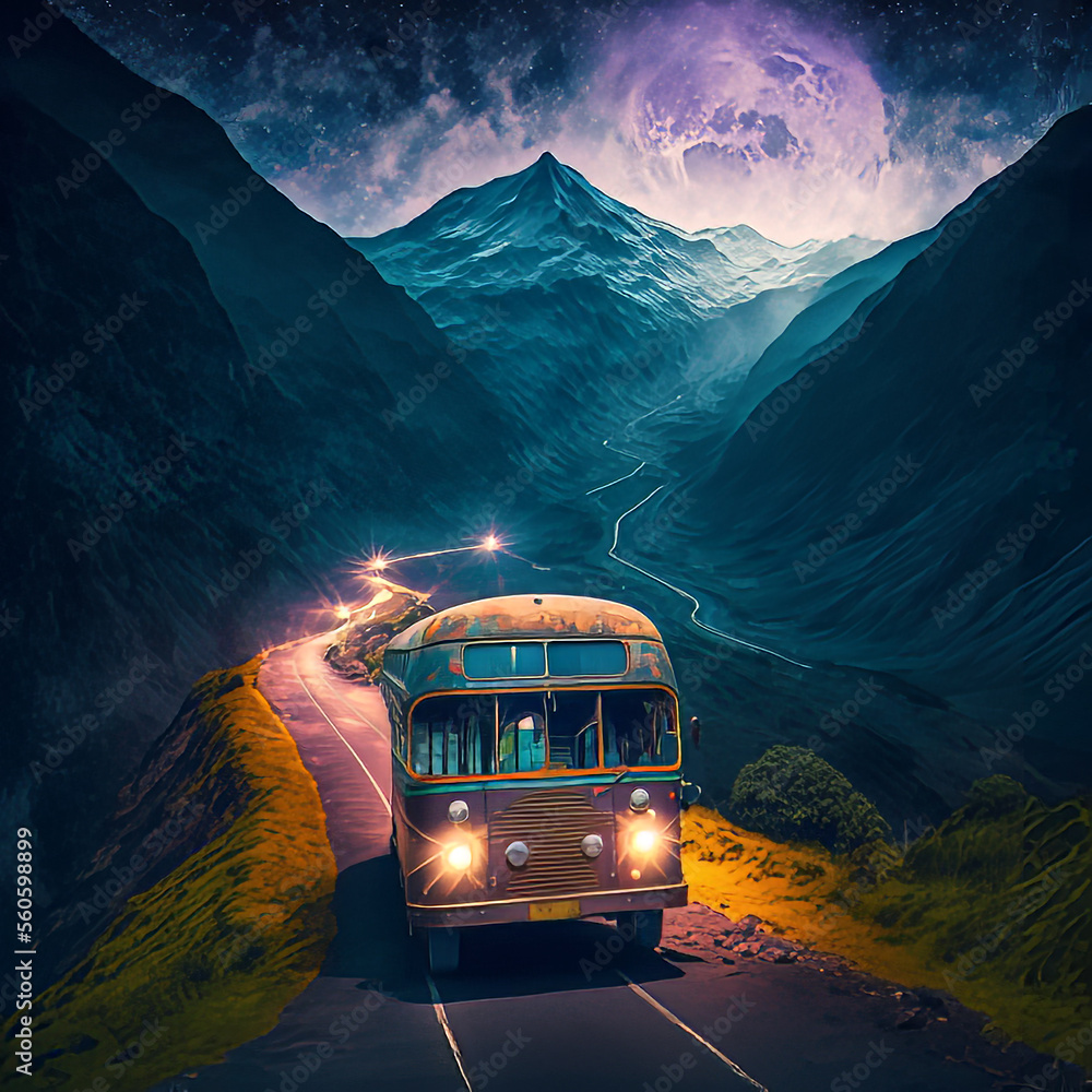 Bus traveling North Yungas Road Traveling bird's eye view of an old bus ...