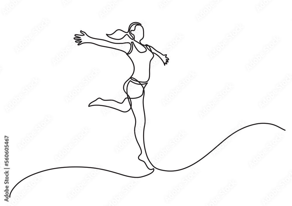 continuous line happy woman running with open arms - PNG image with ...