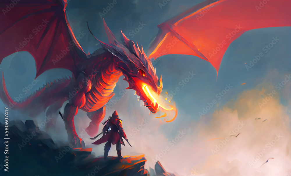 Fire Dragon with Knight army fantasy black winged dragon illustration ...