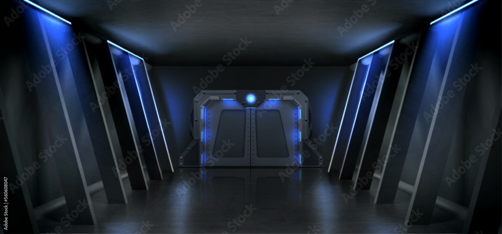 Dark hall with closed metal door and neon blue lamp illumination ...