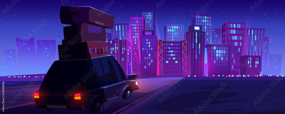 Car with baggage driving road to big city at night. Cartoon vector ...