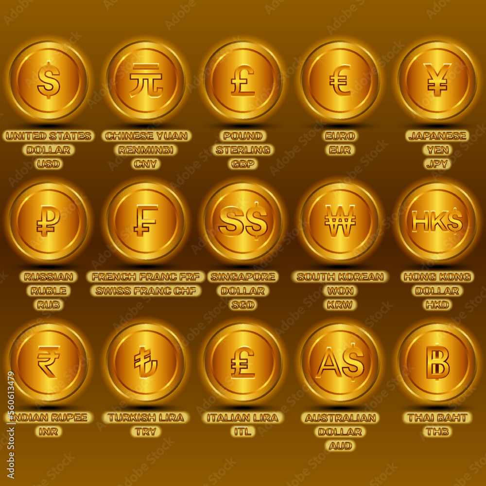 Famous currency symbols. Set of gold coins with the currency symbol in ...
