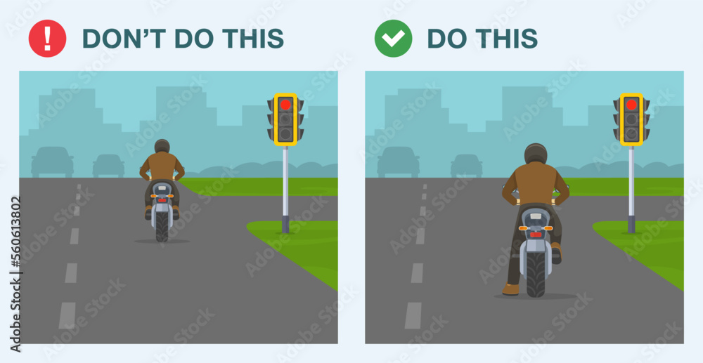 Do's and don'ts. Safe motorcycle riding rules and tips. Back view of a ...