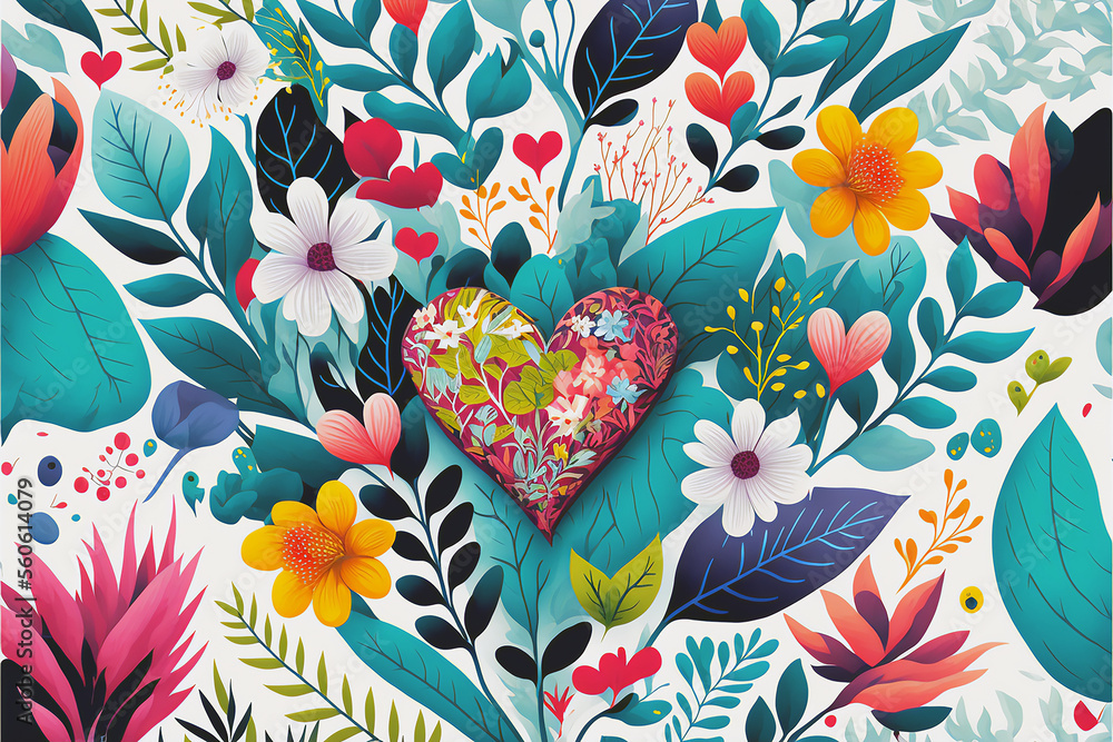 Heart and leaves valentine pattern with flowers on transparent ...