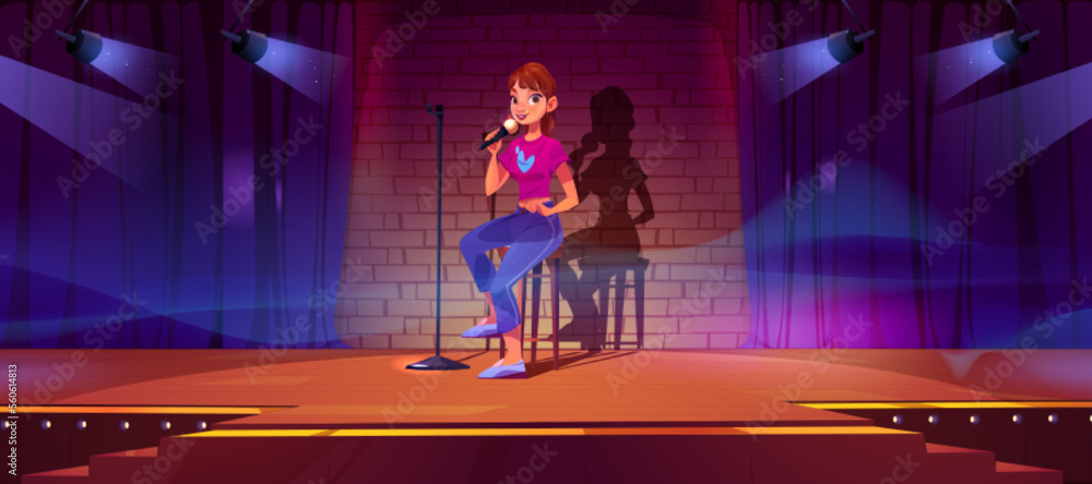 Female stand-up comedian character performing on stage. Vector cartoon ...