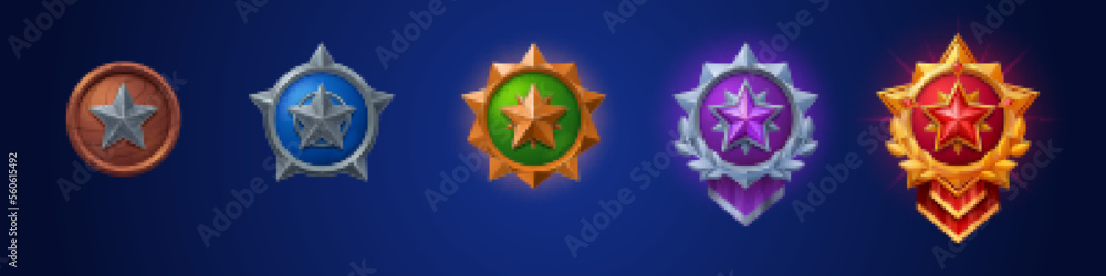 Cartoon set of game badges of different rank isolated on dark blue ...
