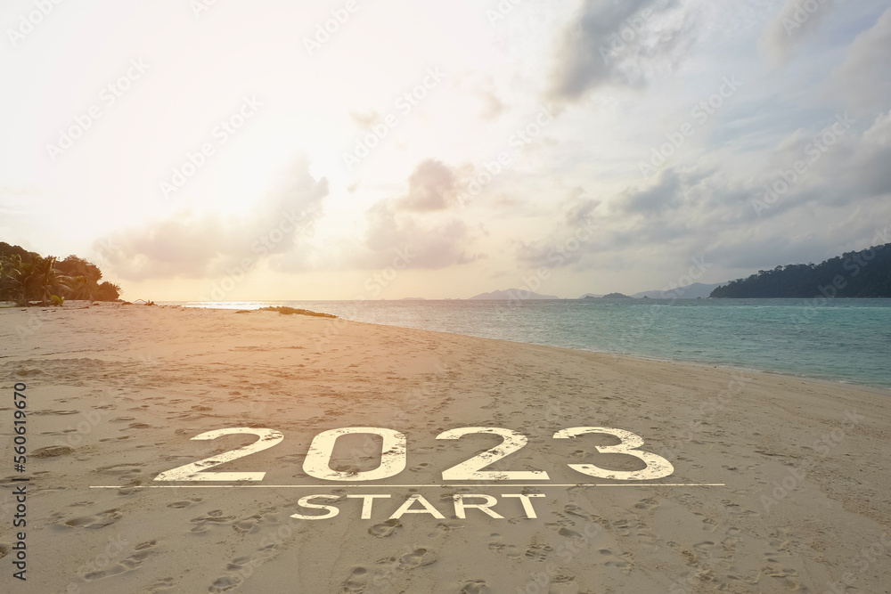 Happy new year 2023 sea beach mountain sunset success concept ...