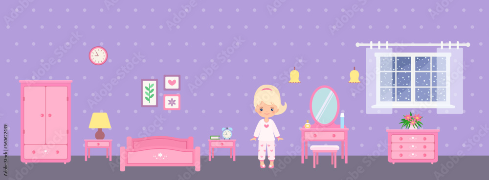 Cute chibi girl character in bedroom with pink furniture on purple ...