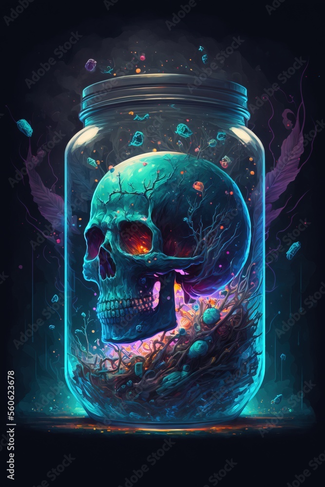 Human skeleton skull floating inside laboratory glass jar, infused with ...