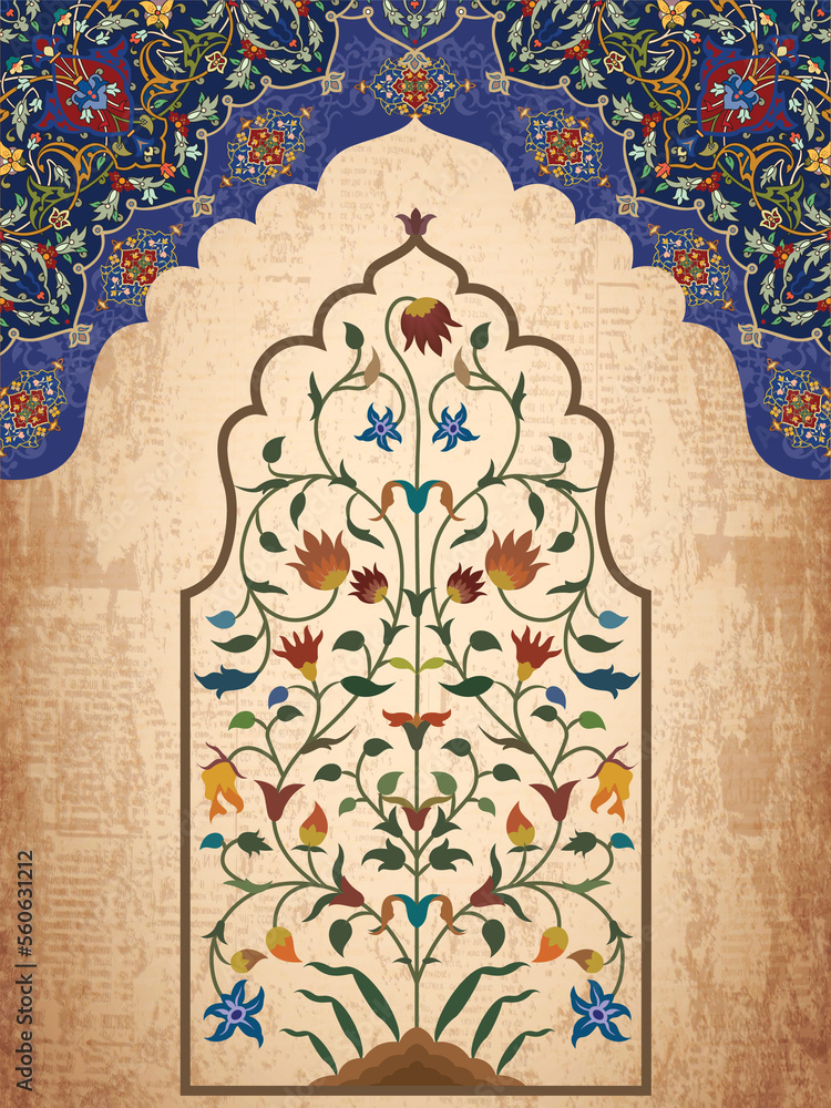 Mughal colorful decorative arch and plant illustration for wall ...