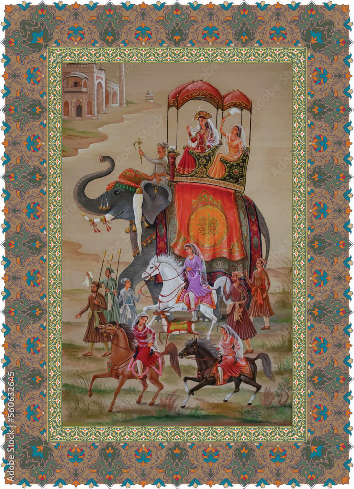 Traditional Mughal queen riding Elephant, horse caravan vector ...