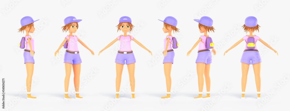 Girl character rotation animation front, side and rear view 3d render ...