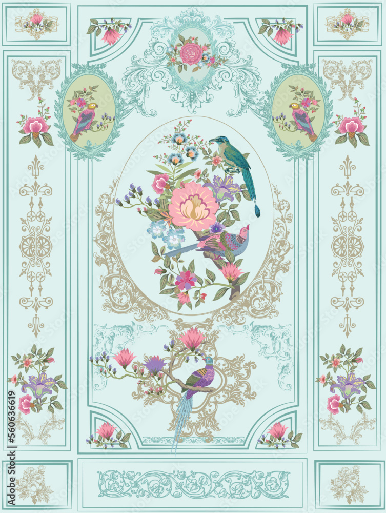 Vintage Victorian pastel floral wall. Baroque wall. Rococo painting ...