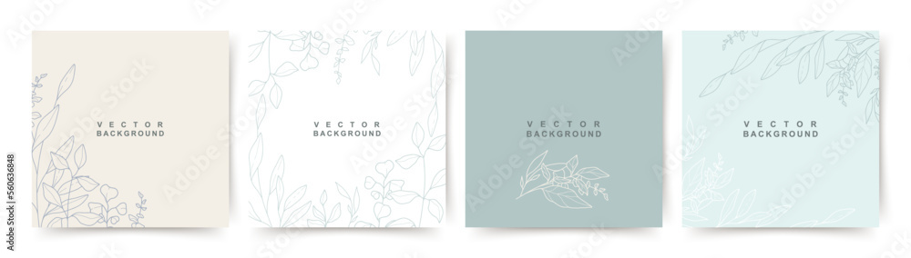 Neutral abstract pastel square backgrounds with minimalist style floral ...