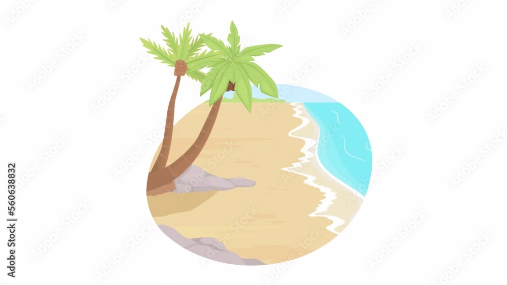 Animated seaside tropical resort. Beach with palms. Looped flat 2D ...