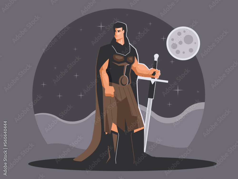 Highlander with sword. Scottish warrior standing against the background ...