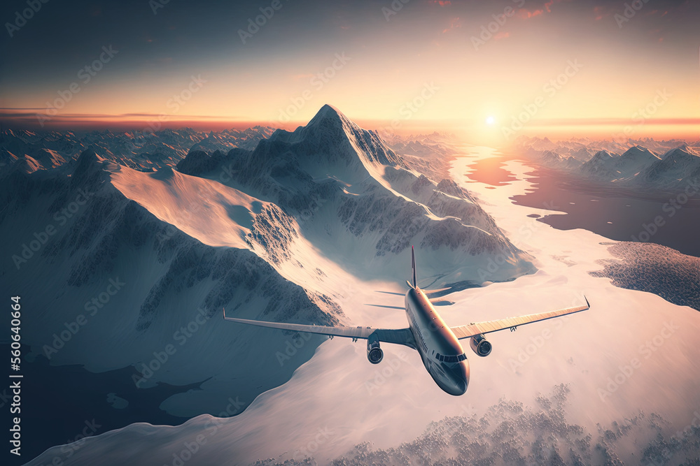 airplane over snowy mountains, generative ai composite Stock Illustration | Adobe Stock