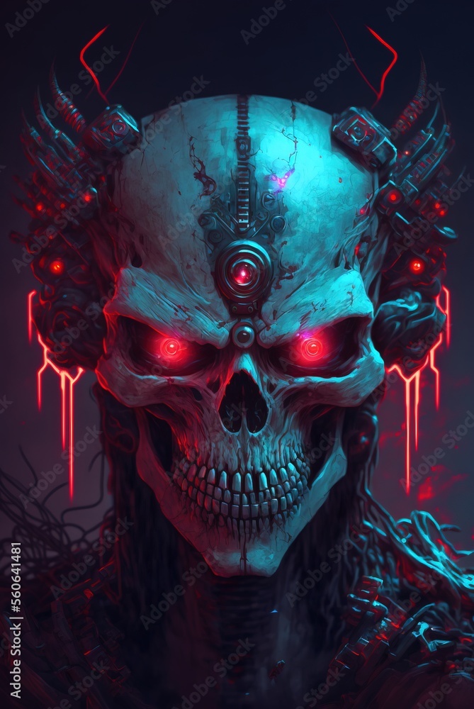 Horrific cyberpunk skeleton skull monstrosity, lethal undead android ...