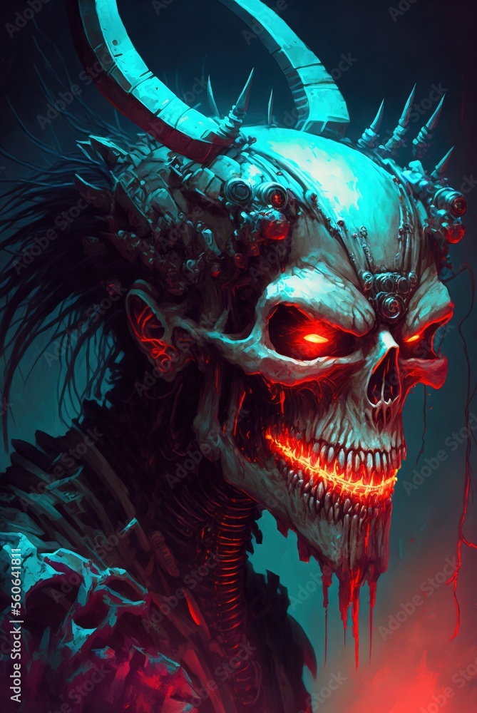 Horrific cyberpunk skeleton skull monstrosity, lethal undead android ...