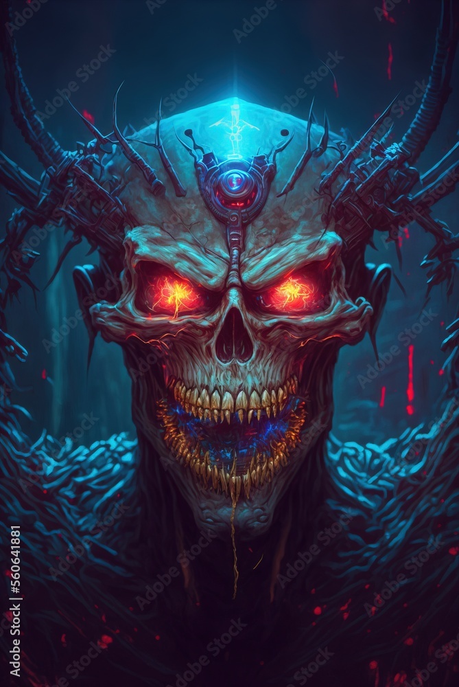 Horrific cyberpunk skeleton skull monstrosity, lethal undead android ...