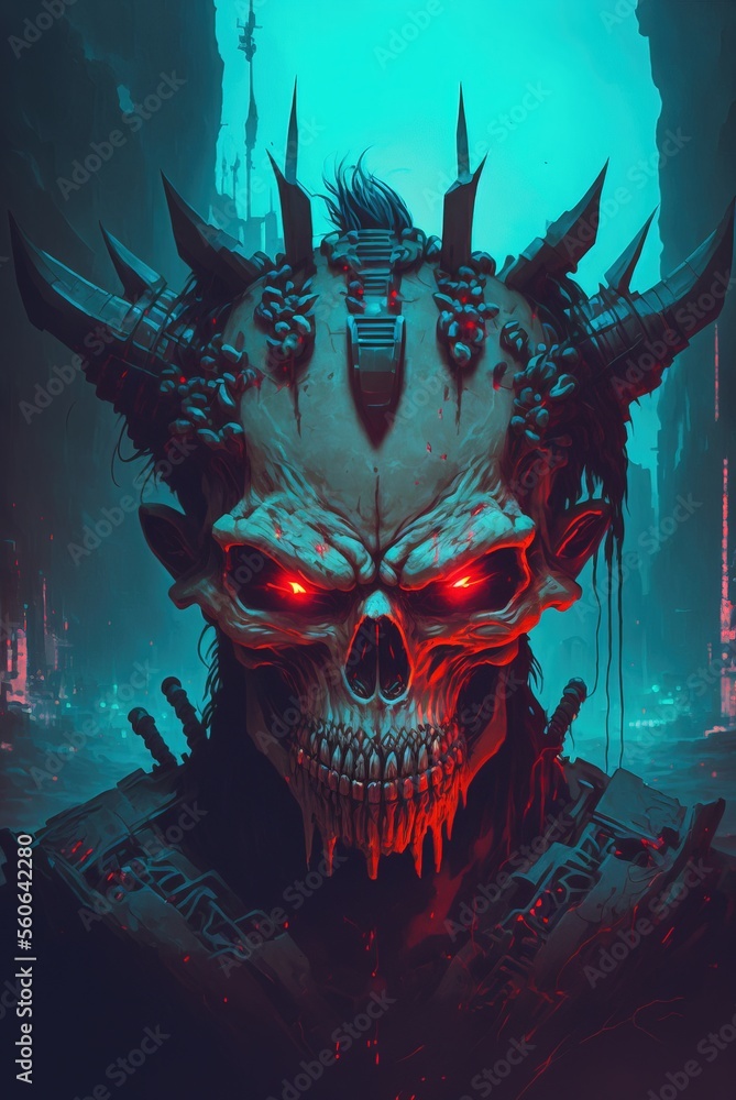 Horrific cyberpunk skeleton skull monstrosity, lethal undead android ...