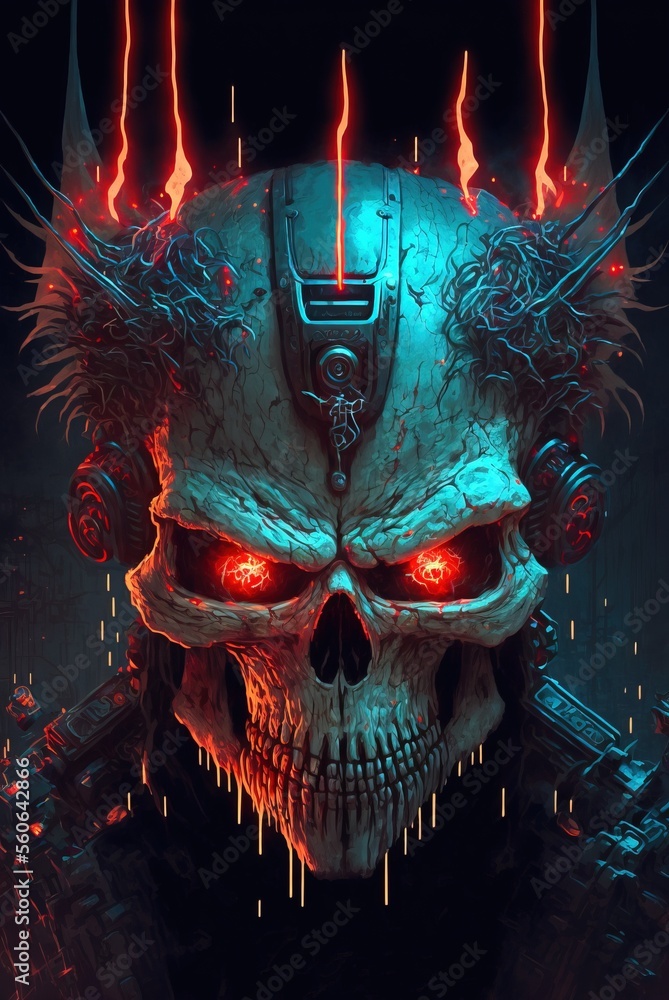 Horrific cyberpunk skeleton skull monstrosity, lethal undead android ...